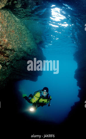 Underwater recording, diver, pit, orifice, back light Stock Photo - Alamy