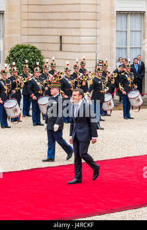 France s President Emmanuel Macron in the bell tower during a visit to ...