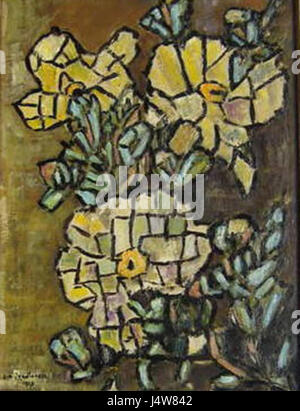 A vibrant, abstract depiction of colorful flowers surrounded by a dreamy, swirling background ...