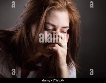 sad woman crying on black background, monochrome Stock Photo: 104591971 ...