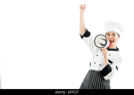 Asian female cook holding megaphone Stock Photo - Alamy