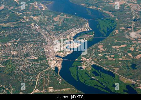Aerial view of Dubuque, Iowa and the Mississippi River and a barge ...