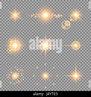 Set of golden glowing lights effects isolated on transparent background. Sun flash with rays and ...