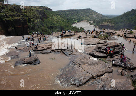 Tourist enjoying waterfall in gokak, karnataka, india, asia Stock Photo ...