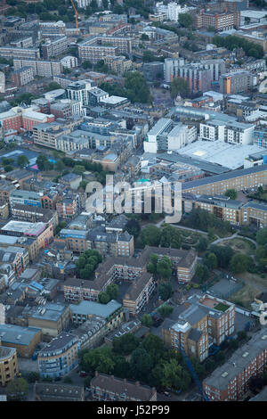 Aerial view of south London, blue hour just after sunset, orange yellow ...