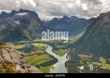 Norway landscape. Romsdal fjord, Rauma river and Romsdal mountains ...