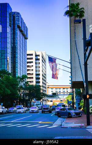 American Flags flying over the sidewalks in downtown Tampa City in ...