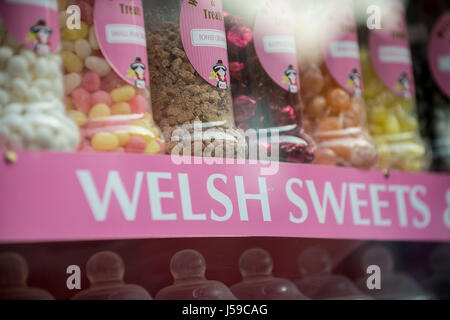 Selection of Welsh sweets shot through a window at Tenby, Pembrokeshire ...