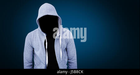 Robber wearing gray hoodie against gray and purple background Stock ...