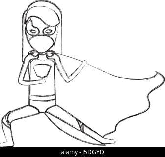 monochrome contour of faceless girl superhero with hair straight and ...