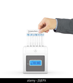 Hand putting card in time clock cut out on white background Stock Photo ...