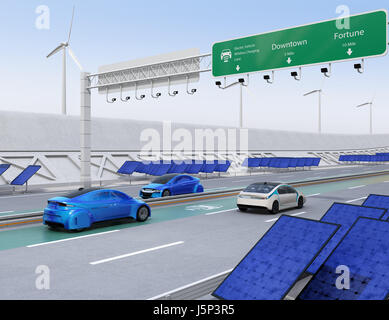 Electric cars driving on the wireless charging lane of the highway ...