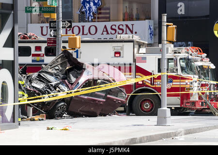 A smashed car sits on the corner of Broadway and 45th Street in New ...