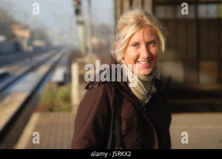 woman, station, railway, locomotive, train, engine, rolling stock ...