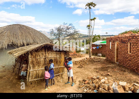 Malawi, Dedza. Grass-roofed houses in a rural village in the Dedza ...