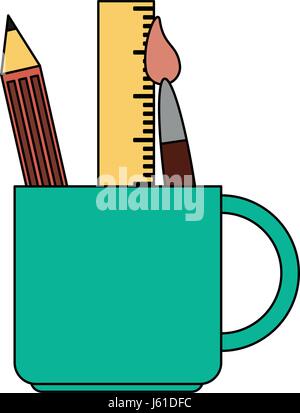 Pencil holder with a ruler, scissors, pen, pencil. Doodle style. Hand ...