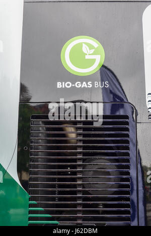 Buses powered by biogas on a city street. Carbon neutral transportation ...