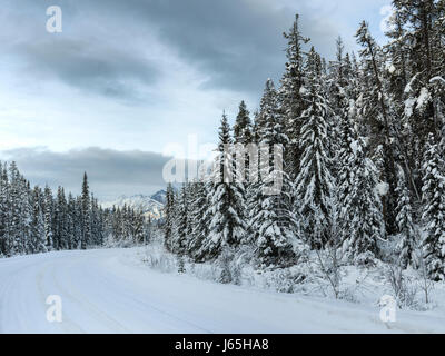 Snow covered road leading toward mountain range, Maligne Lake, Jasper ...