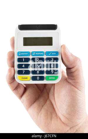 Single man's hand holding a pin card pinsentry reader to identify card ...