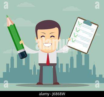 Cartoon of businessman holding pencil at questionnaire checklist with ...