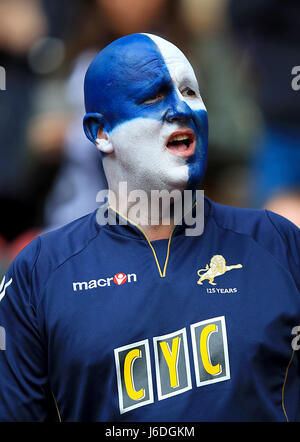 A Millwall fan with his face painted in the stands before the Sky Bet ...