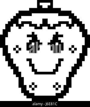 An illustration of a strawberry looking evil in an 8-bit cartoon style ...