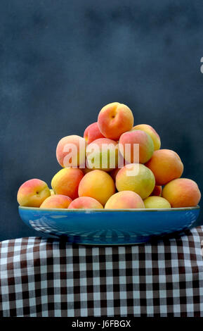 blue dish with red and yellow apricots on a tablecloth brown Stock ...