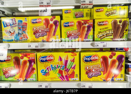 Popsicle brand boxes of popsicles in the freezer section of a grocery ...