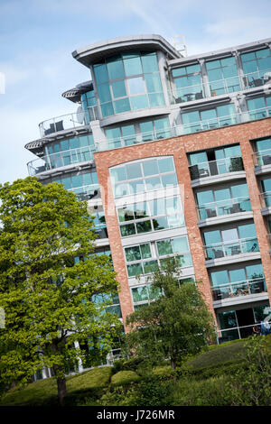 Close up of modern riverside apartment blocks & River Taw in Barnstaple ...