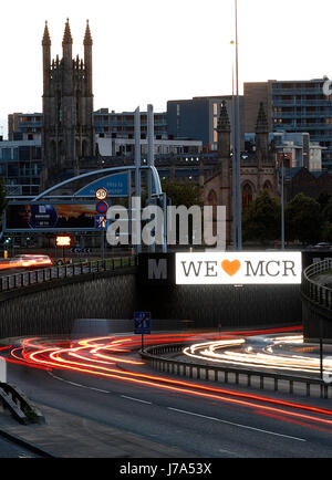 A We Love Manchester sign on the Mancunian Way in Manchester, after the ...