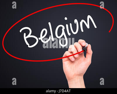 Man Hand writing Belgium with black marker on visual screen Stock Photo ...