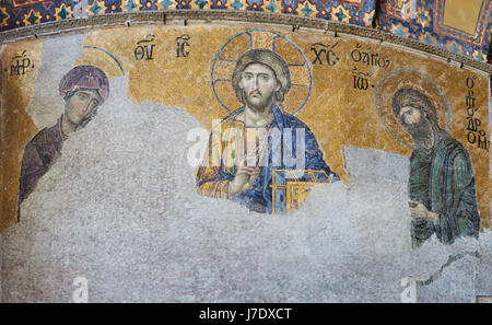 The Deësis mosaic, ancient Christian art showing Christ, Virgin Mary and John the Baptist, on ...