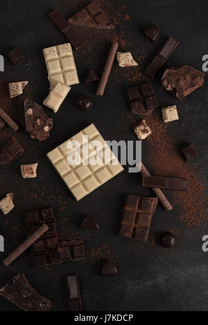 A top view of different types of candies on a white plate on the ...