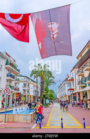 KEMER, TURKEY - MAY 5, 2017: Ataturk monument, surrounded by fountains ...