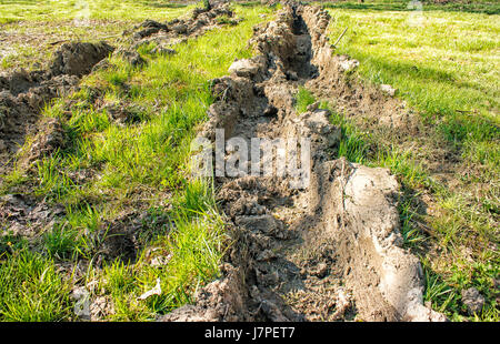 deep rut on the lawn on the city street on sunny spring day Stock Photo ...