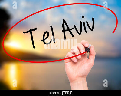 Man Hand writing Tel Aviv with black marker on visual screen. Isolated ...