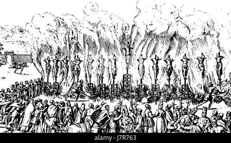 Spanish Inquisition. Auto-da-fe. Condemned in the scaffold wearing the ...