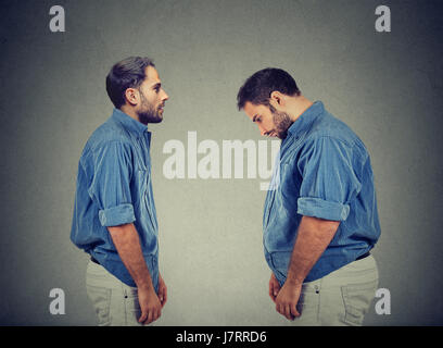 Sad overweight man looking at fat belly mirror reflection, weight loss ...