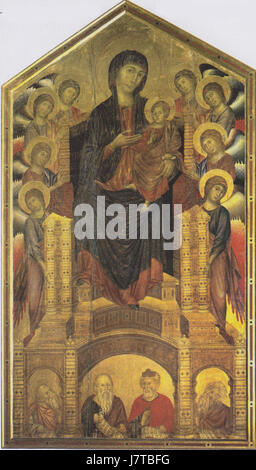 A religious painting by Cimabue, 'Madonna Enthroned with the Child,' depicting the Virgin Mary ...