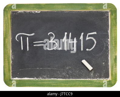 Pi number, mathematical constant chalk drawing on a school black board ...