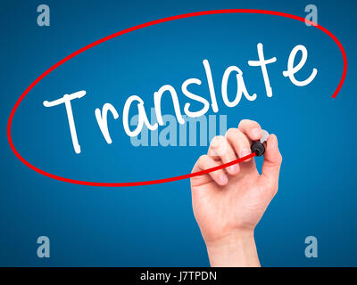 Hand writing the word Translation with blue marker on transparent wipe ...