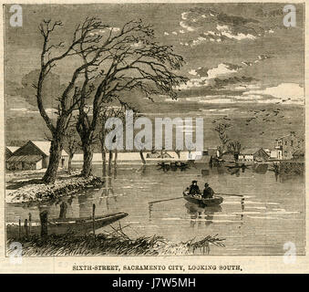Antique c1862 engraving, Sixth Street flood, Sacramento City, Looking ...