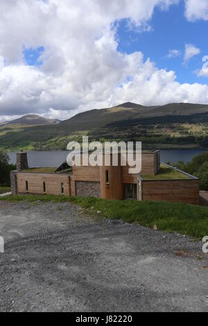 Exterior of new build wood clad house by Loch Tay Scotland May 2017 ...