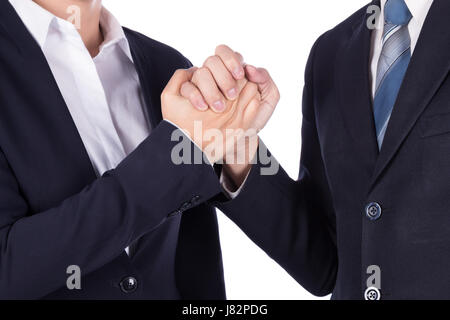 Wrestle handshake gesture. Man and woman shake arm hands. Greeting ...