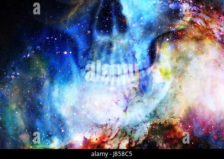 Detailed skull mouth in color cosmic abstract background. Fire effect ...