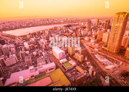 Panoramic aerial view of Yodo River and downtown Osaka before sunrise ...