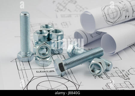 Technical drawings of bolt and nut. Engineering, technology and metalworking Stock Photo - Alamy