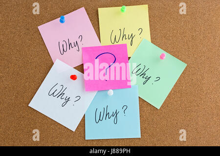 Post it notes with question marks on bulletin board. Close up Stock ...