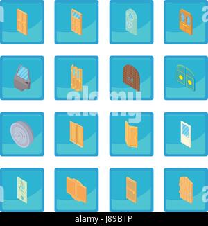 Isometric blue door with a handle and a window, perfect for ...