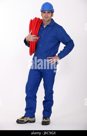 blue, carpenter, builder, layer, casual, youthful, arms, backdrop ...